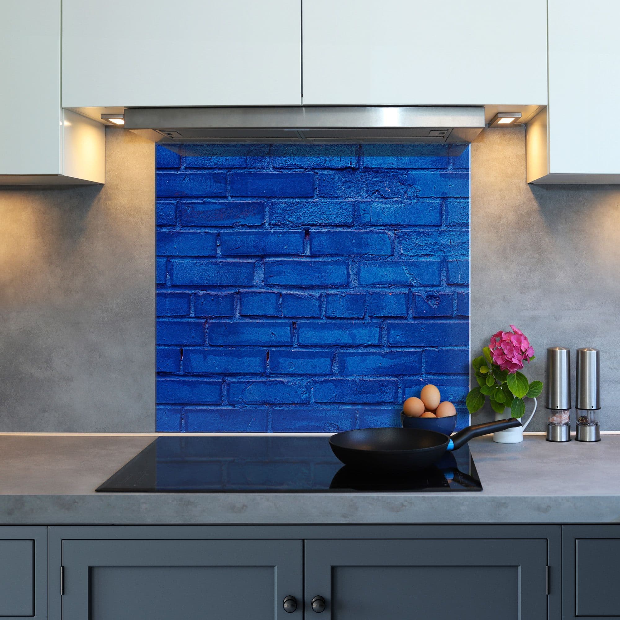 Blue brick style kitchen glass splashback | 1st Glass Art