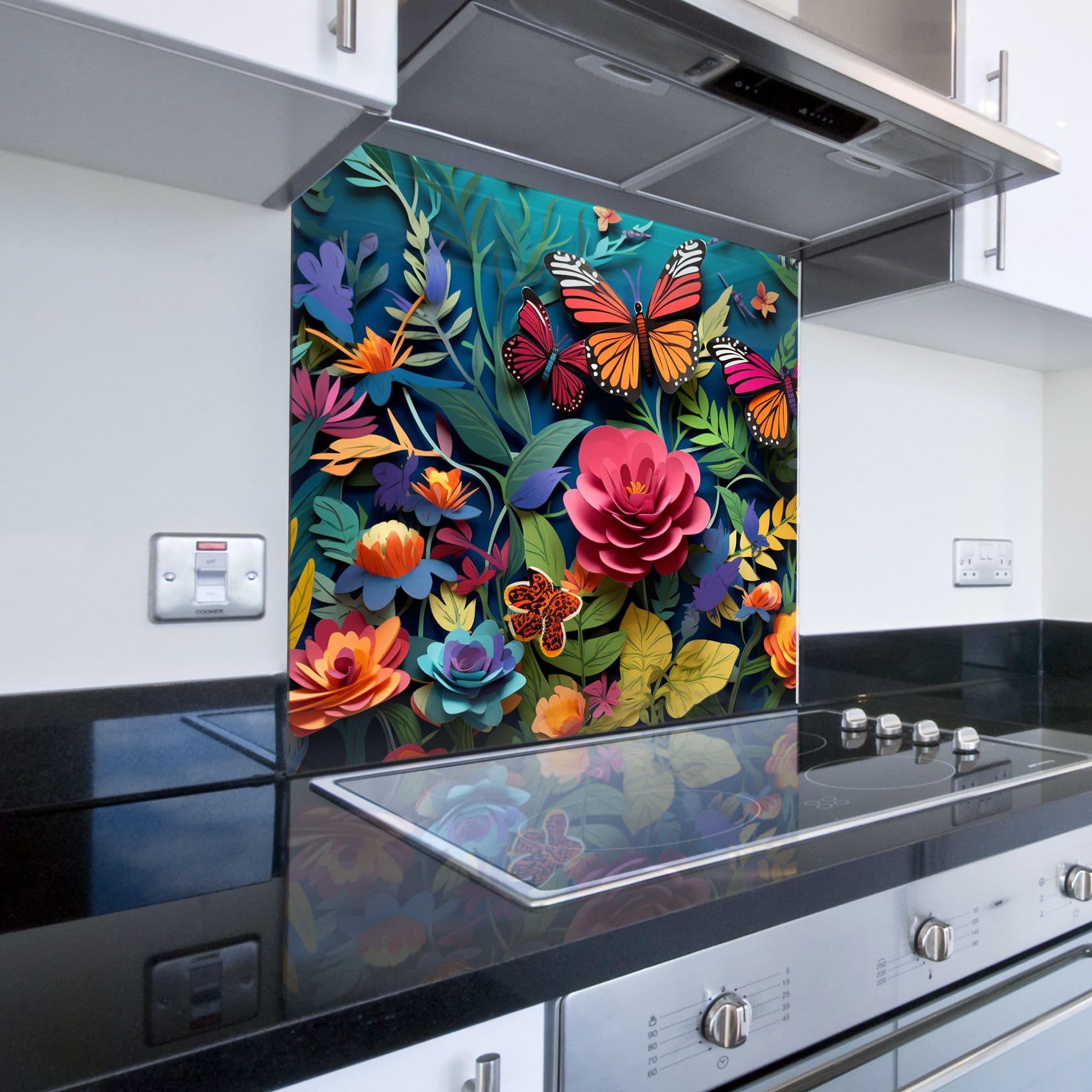 Butterflies and flowers kitchen glass splashback - Heat resistant 6mm ...