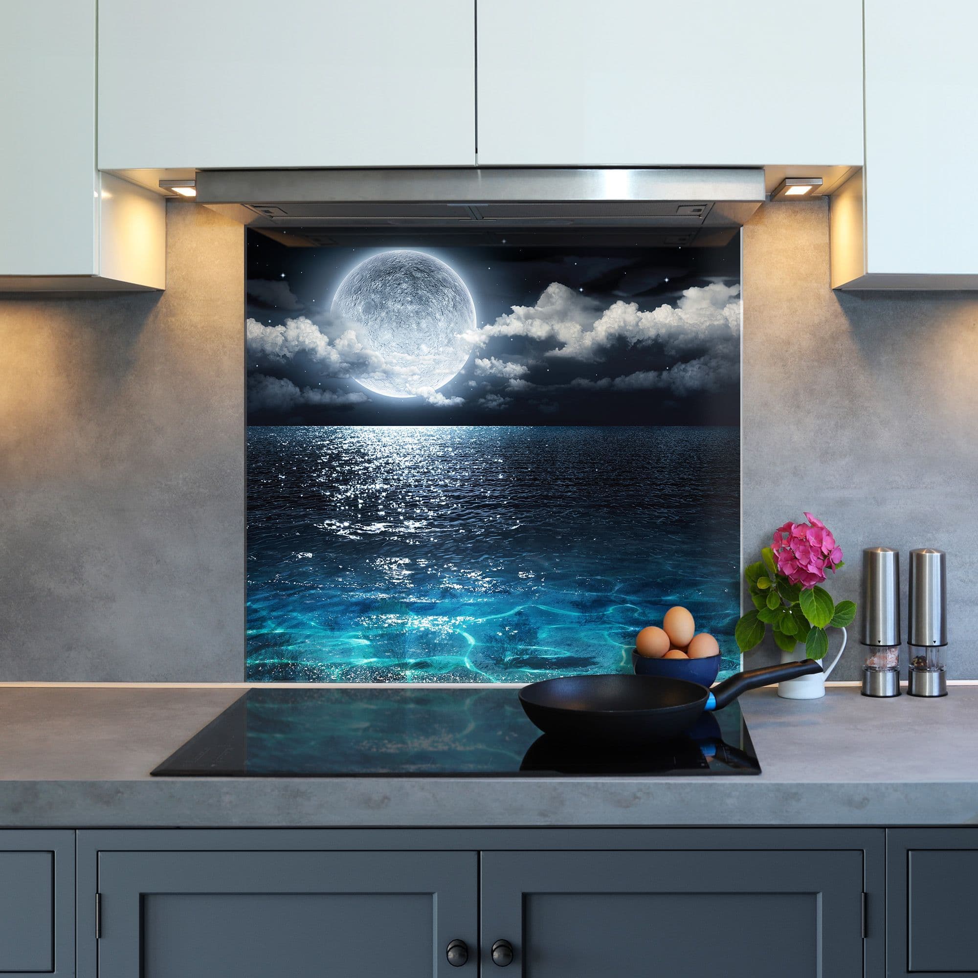 Moon over ocean kitchen glass splashback - Heat resistant 6mm toughened glass