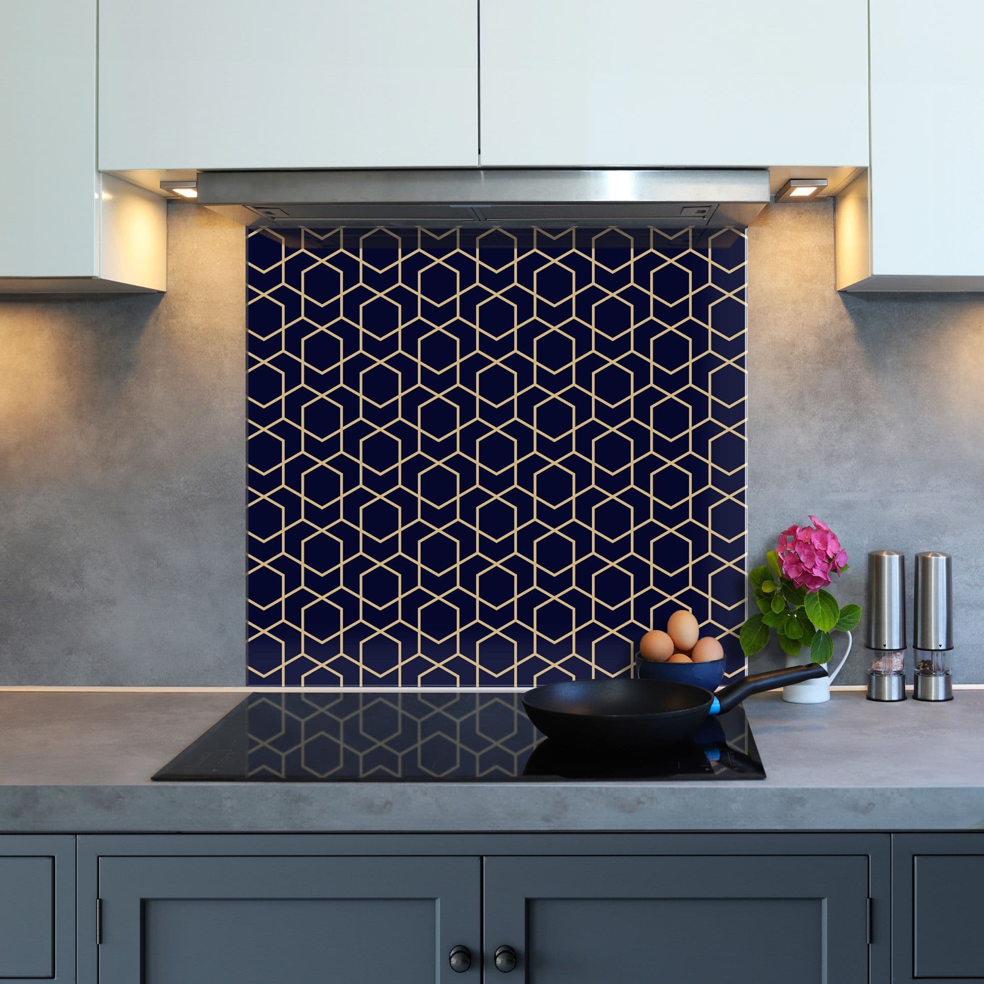 Navy honey comb style kitchen glass splashback - Heat resistant 6mm ...