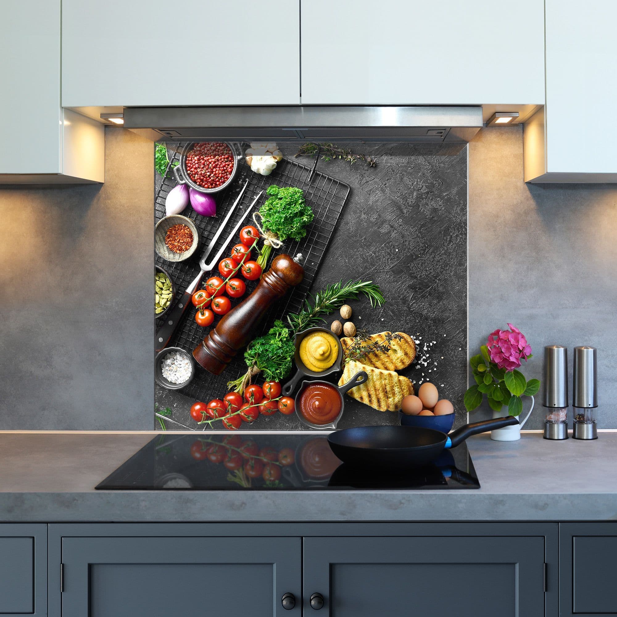 Spices and veg kitchen glass splashback - Heat resistant 6mm toughened ...