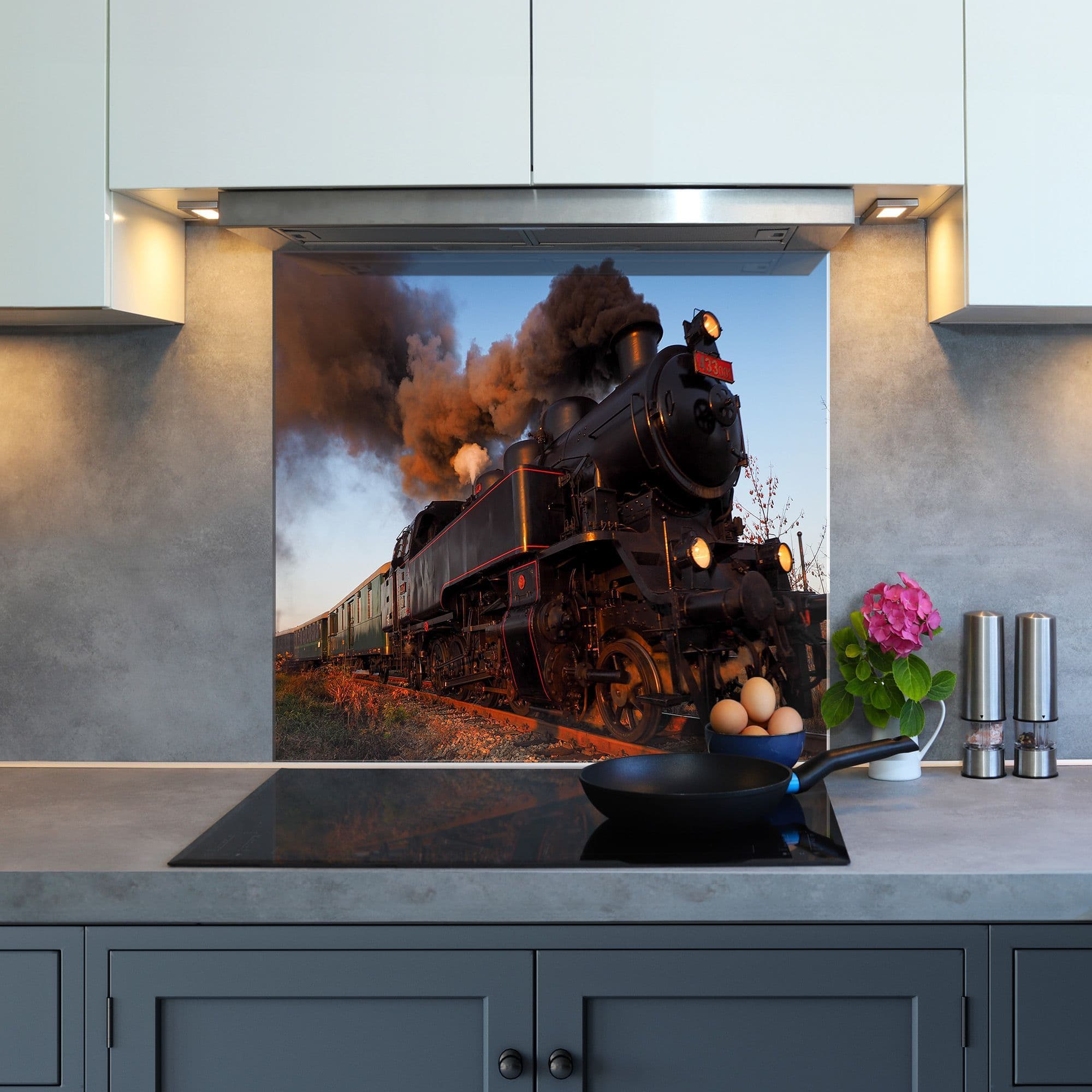 Steam train kitchen glass splashback - Heat resistant 6mm toughened glass
