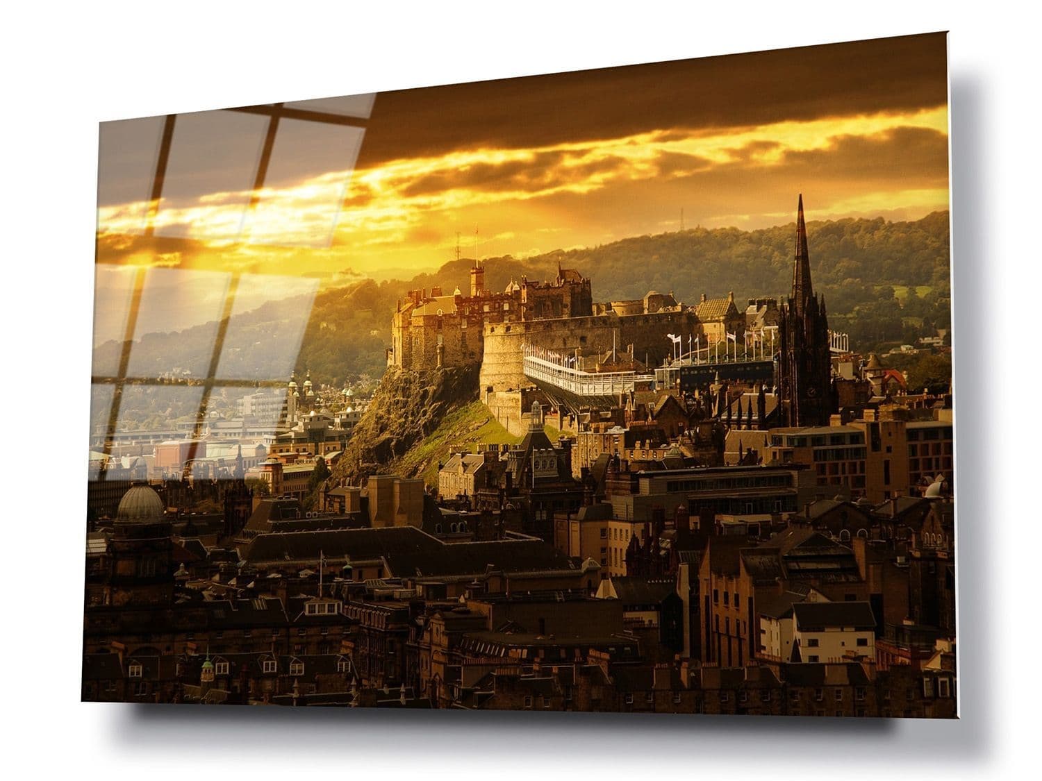 Glass Wall Art - Stunning Sunset at Edinburgh Castle in Scotland