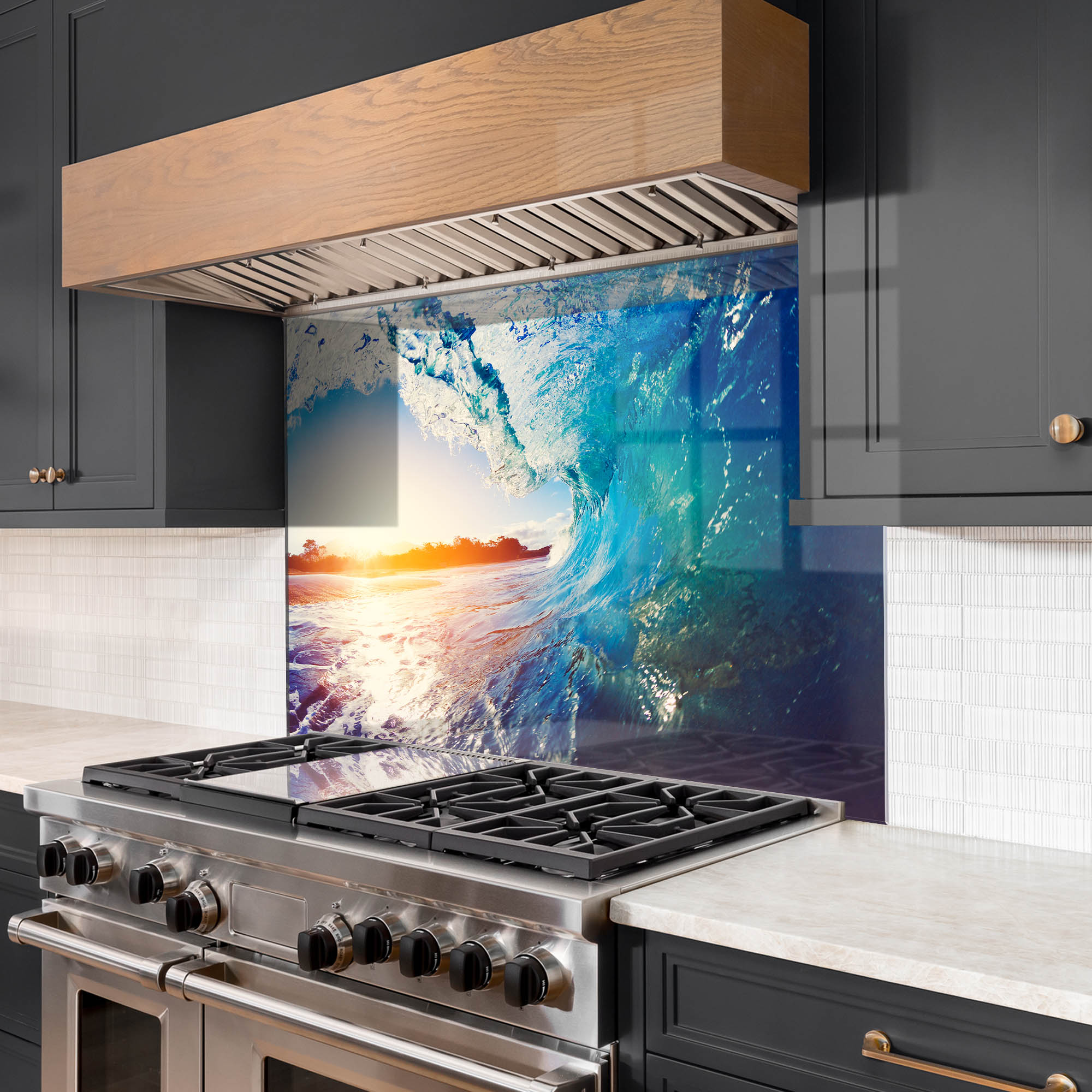 "Blue Ocean Wave" Glass Kitchen Splashback | 1st Glass Art