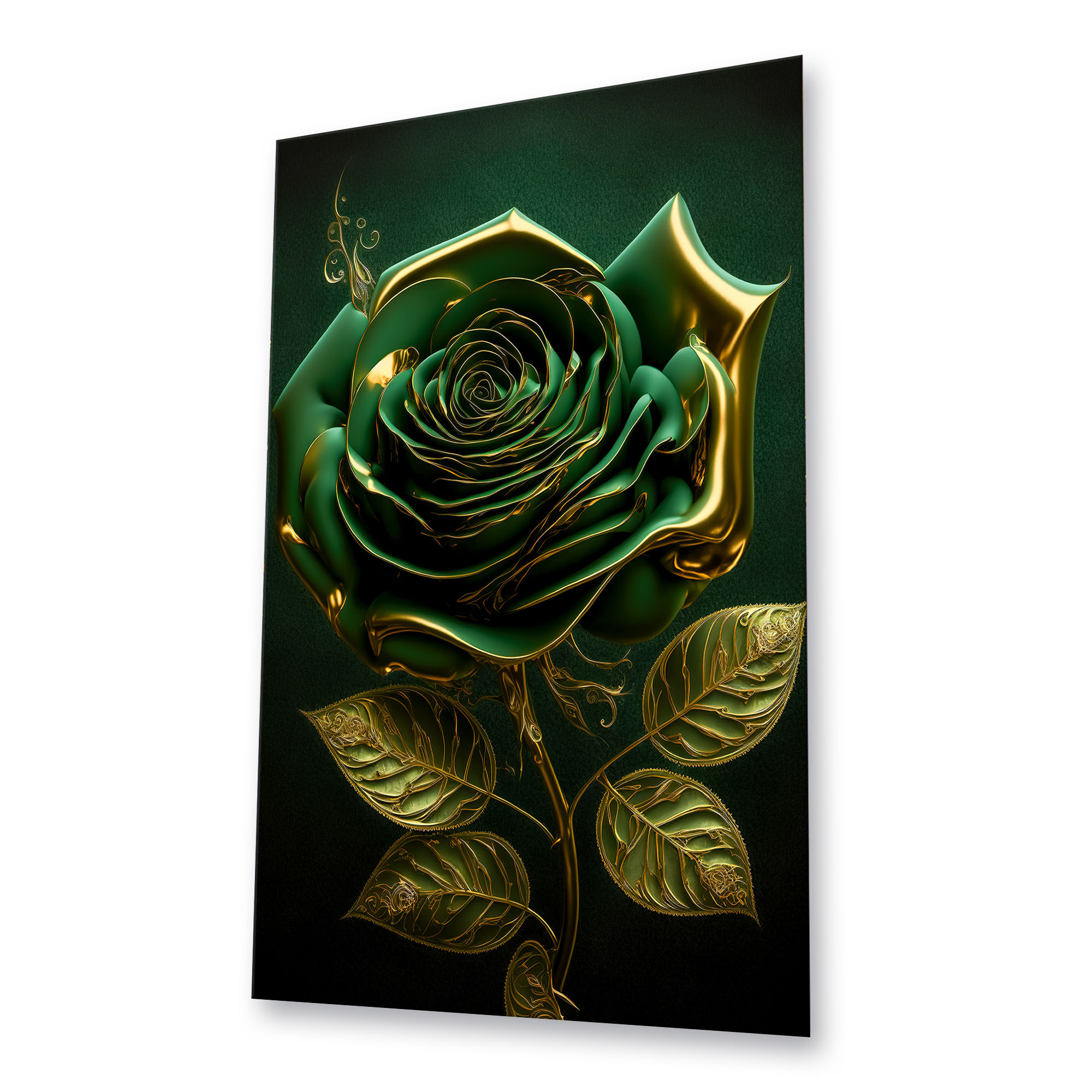 "Green Rose Flower In Gold" Glass Wall Art | 1st Glass Art