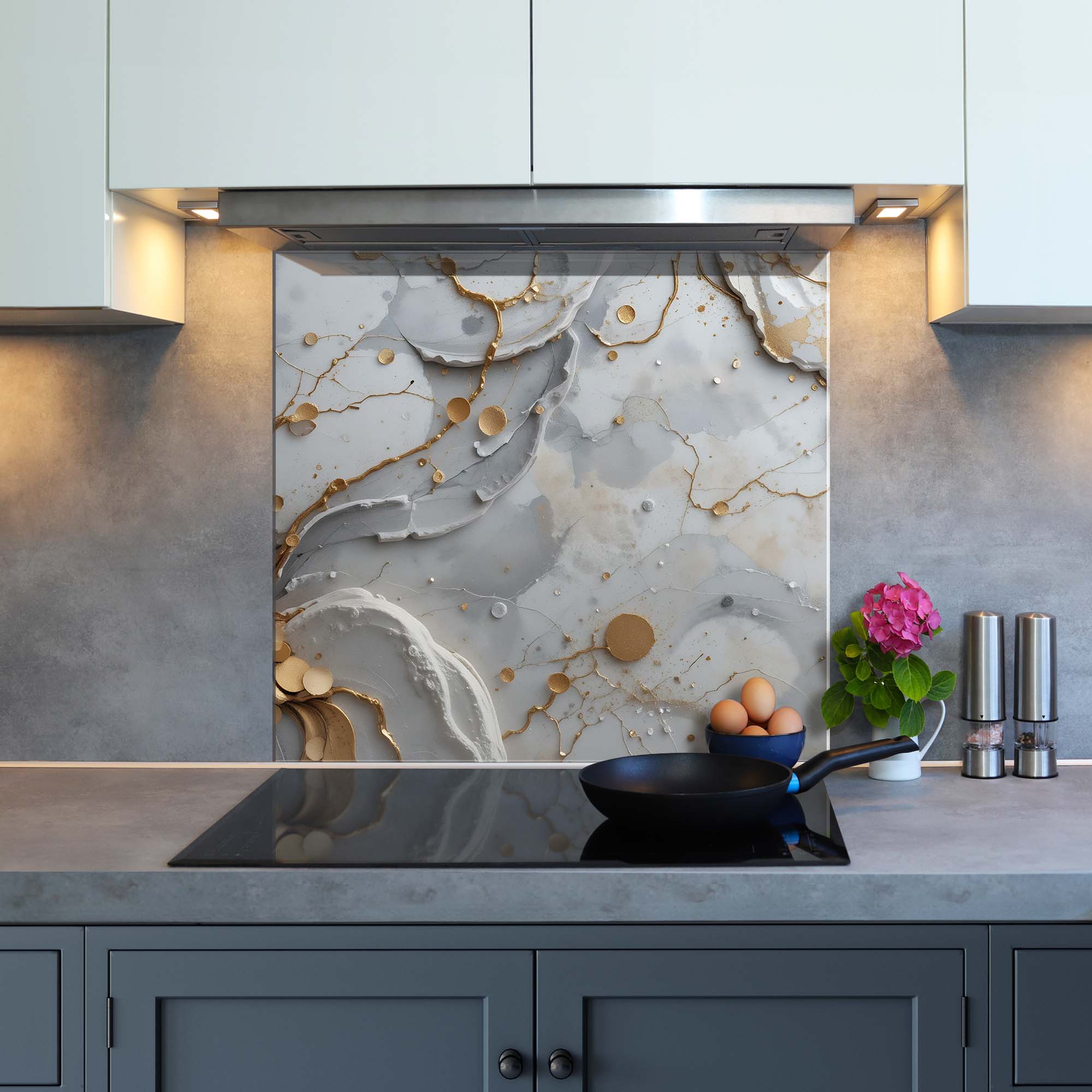 "White, Black And Gold Marble" Glass Kitchen Splashback | 1st Glass Art