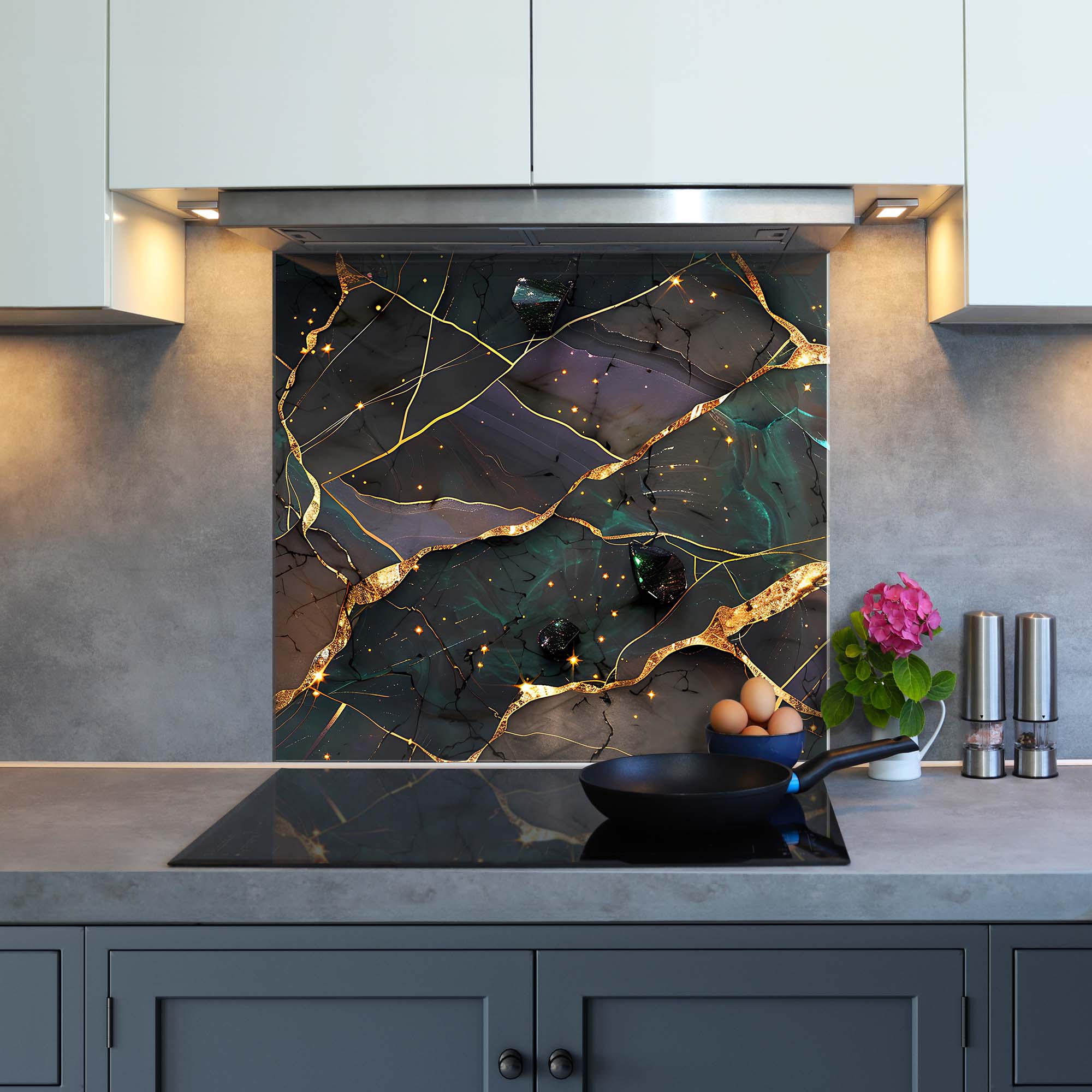 "Black And Gold Marble" Glass Kitchen Splashback | 1st Glass Art
